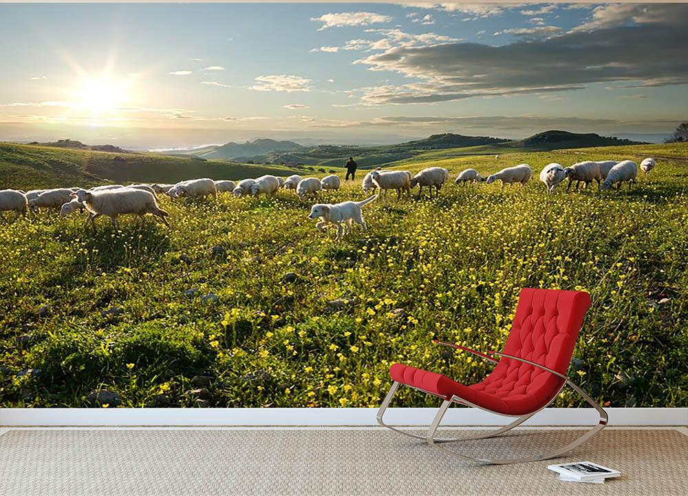 Shepherd with dog and sheep Wall Mural Wallpaper | Canvas Art Rocks ...
